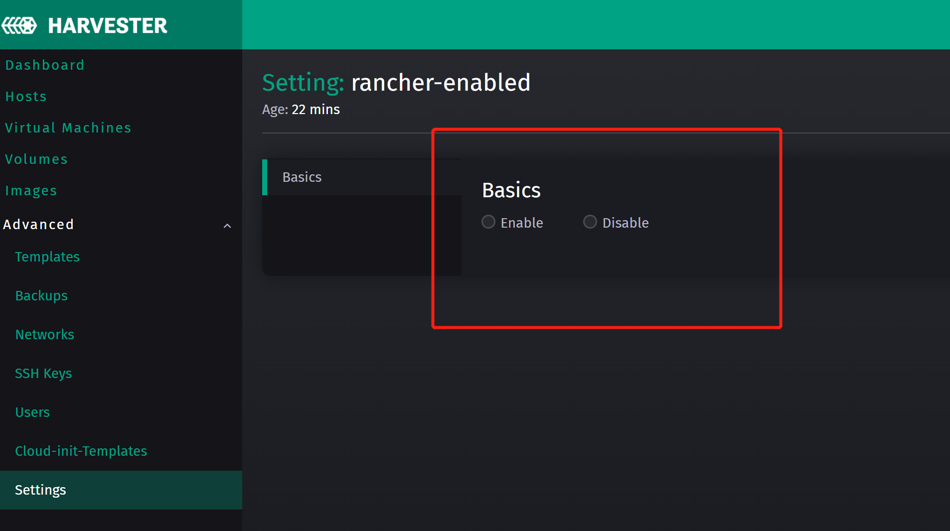 [BUG] When the rancher-enabled setting is edited for the first time, `Disable` option is not ...