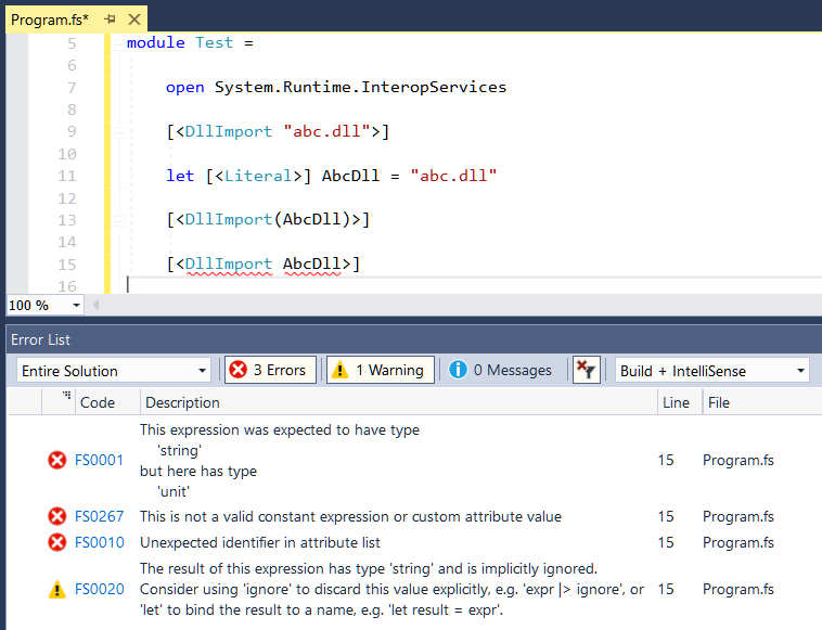 Code attribute with literal constant demands parenthesis · Issue #5316 · dotnet/fsharp · GitHub