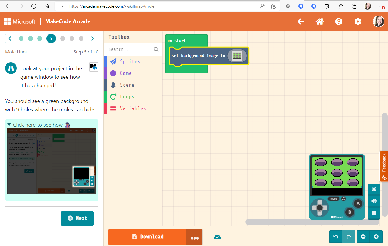Step 5 of mole hunt does not show current screenshot in the "click here ...