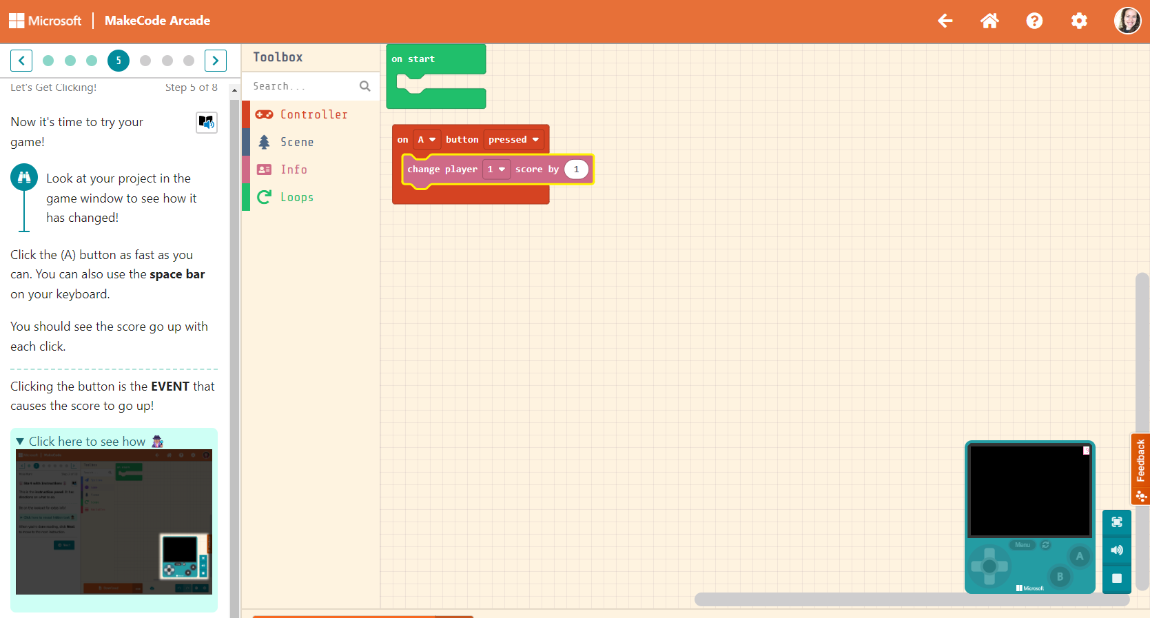 Step 5 of mole hunt does not show current screenshot in the "click here ...