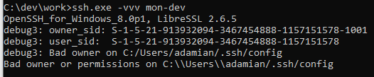 Bad owner or permission on c:\\Users\\user/.ssh/config (domain_name not ...