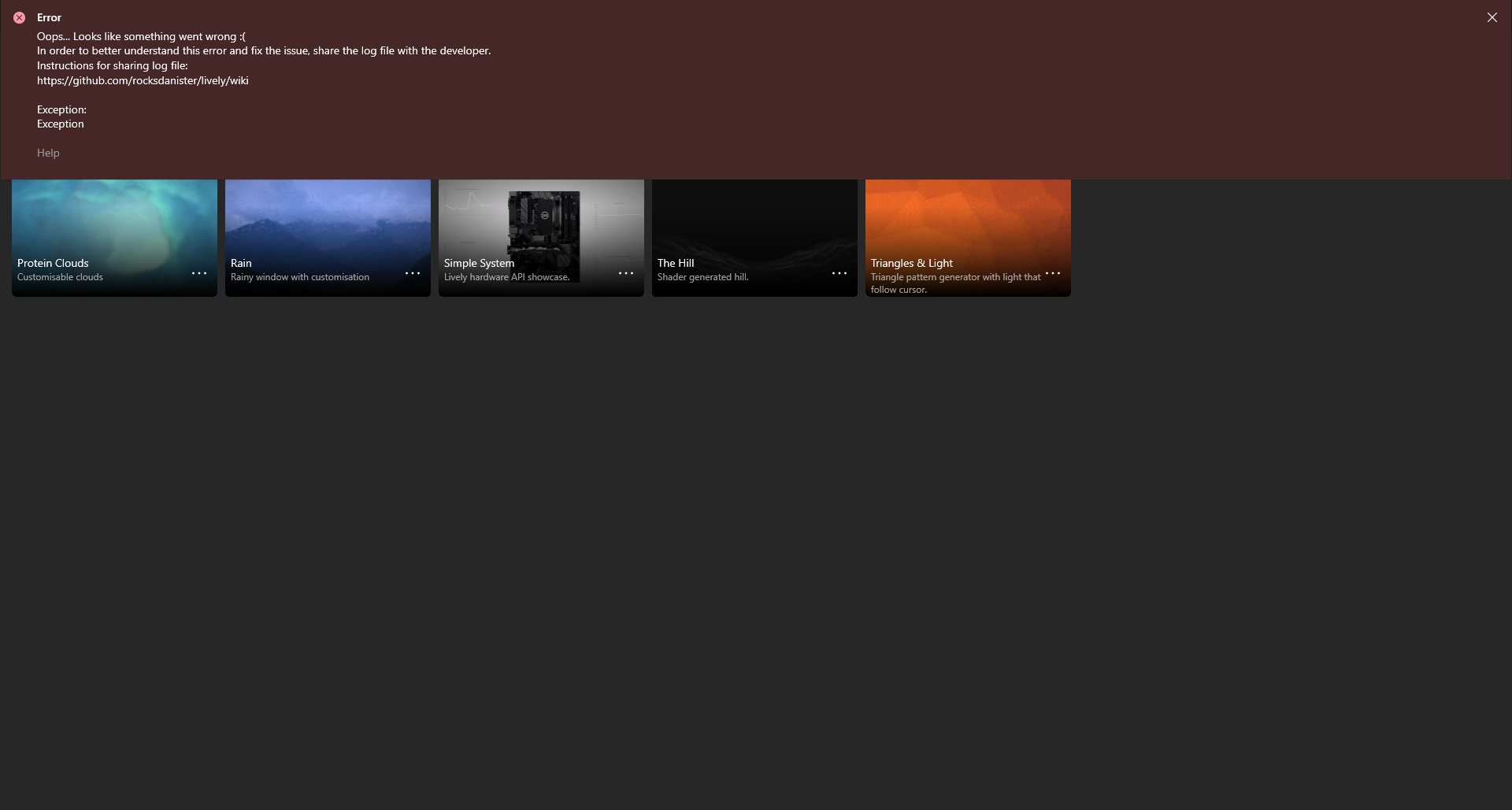 Exception: Exception · Issue #2009 · rocksdanister/lively · GitHub