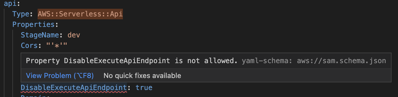 Aws Sam Property Disableexecuteapiendpoint Is Not Allowed On Awsserverlessapi Resource Type 