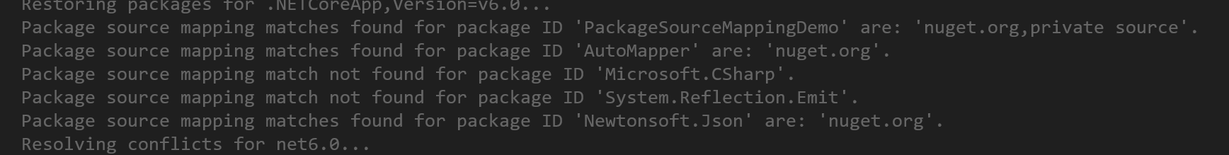 [Bug]: Restore logging for Package Source Mapping still uses "Package namespace" terminology ...