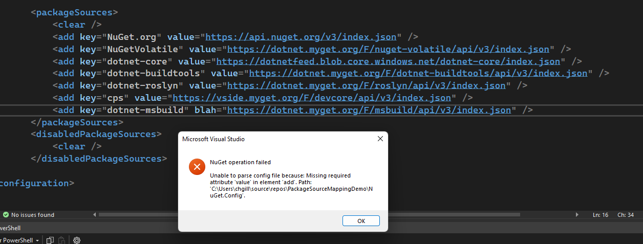[Bug]: No indication that the Nuget.config file has a parsing error when opening the Package ...