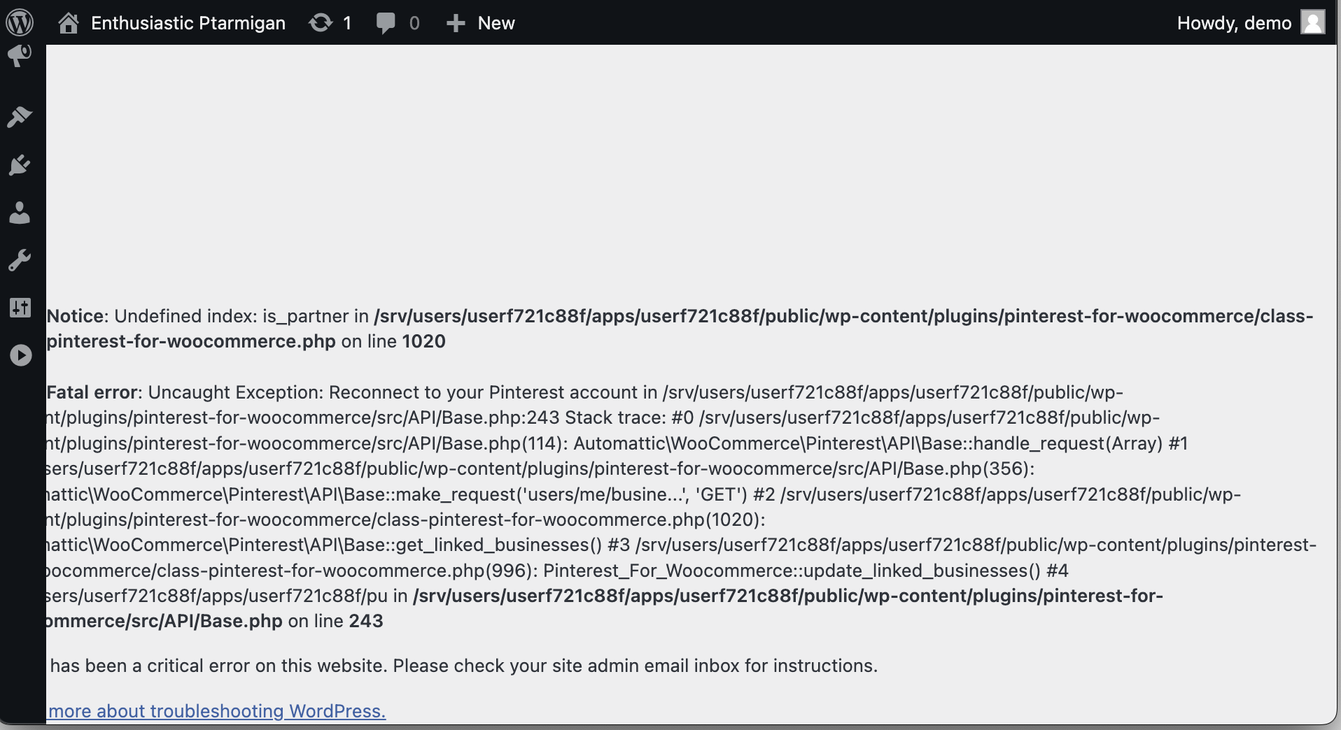 Gack when activating the plugin · Issue #598 · woocommerce/pinterest-for-woocommerce · GitHub