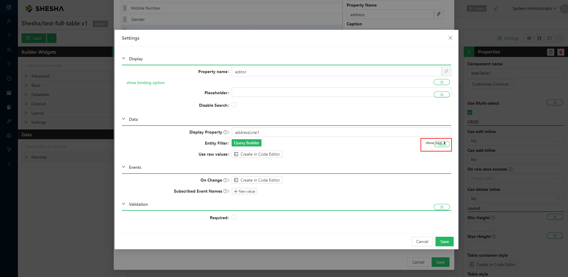 Misalignment of 'JS/Value' on the setting dialog for display, edit and create components when ...