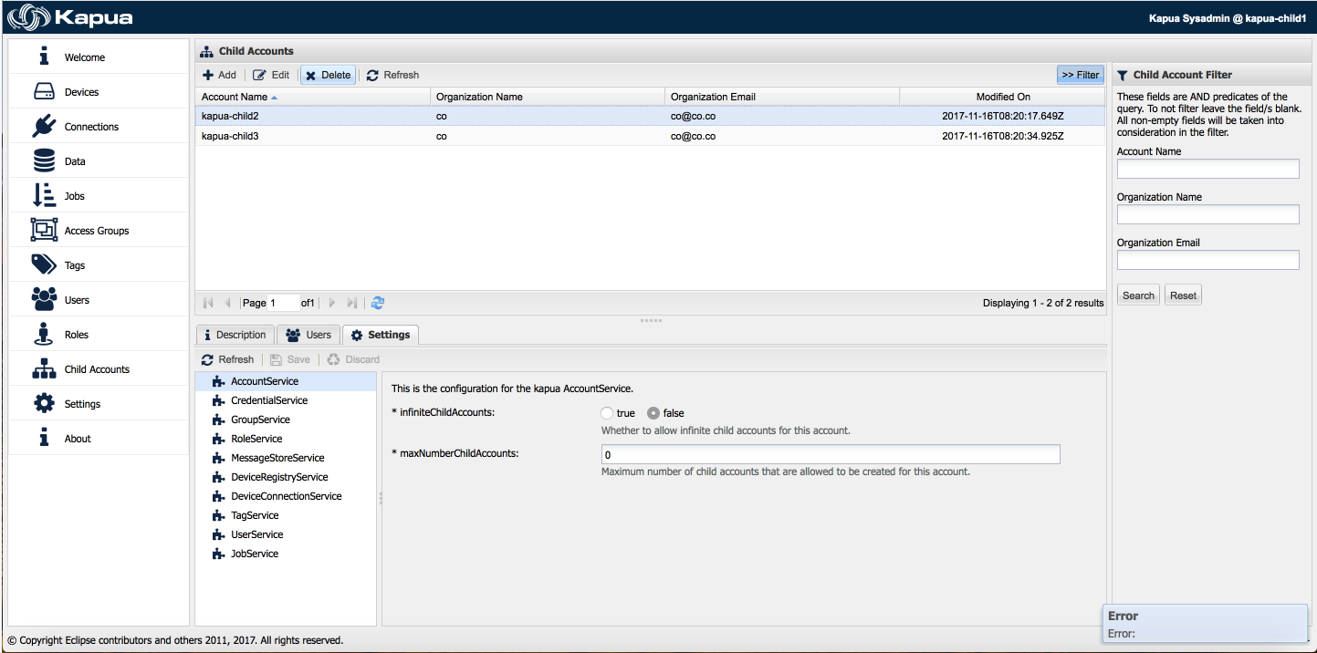 No Error Message If maxNumberChildUsers exceeded · Issue #983 · eclipse-kapua/kapua · GitHub