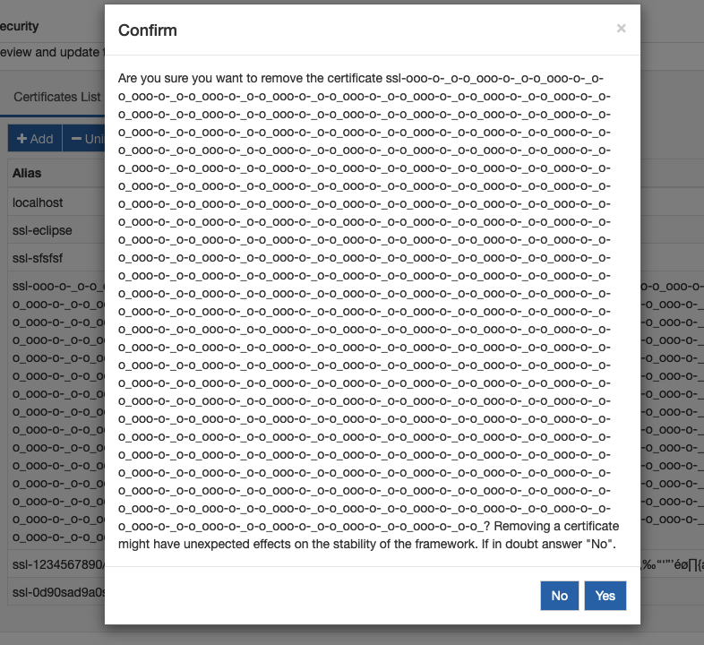 Dialogue Box for Deleting Certificate Contains Certificate Alias ...
