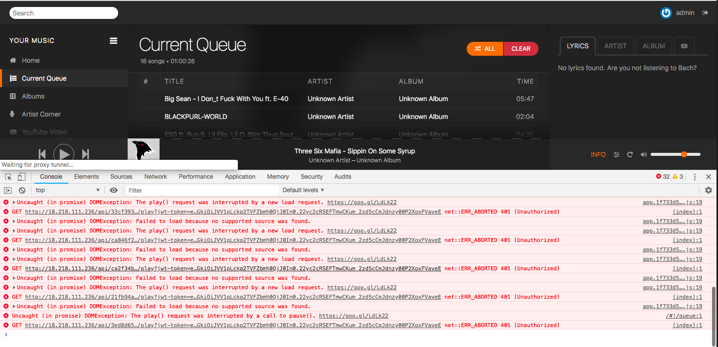 The play() request was interrupted by a new load request. net::ERR_ABORTED 401 (Unauthorized ...