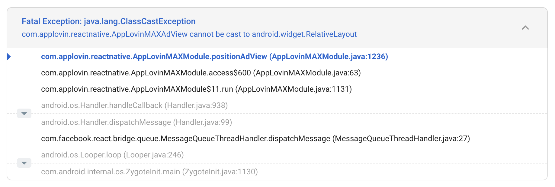 com.applovin.reactnative.AppLovinMAXAdView cannot be cast to android.widget.RelativeLayout ...