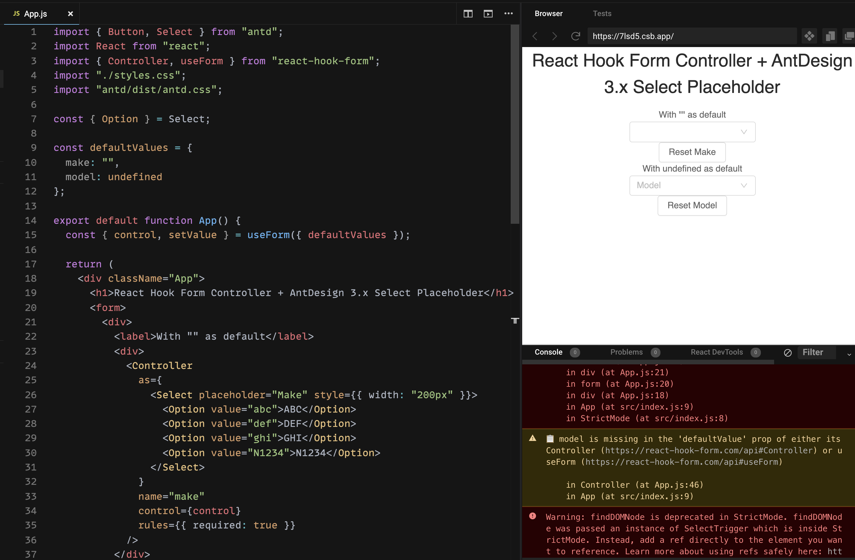 Missing Defaultvalue Warning With Antdesign 3x Select Placeholder · React Hook Form