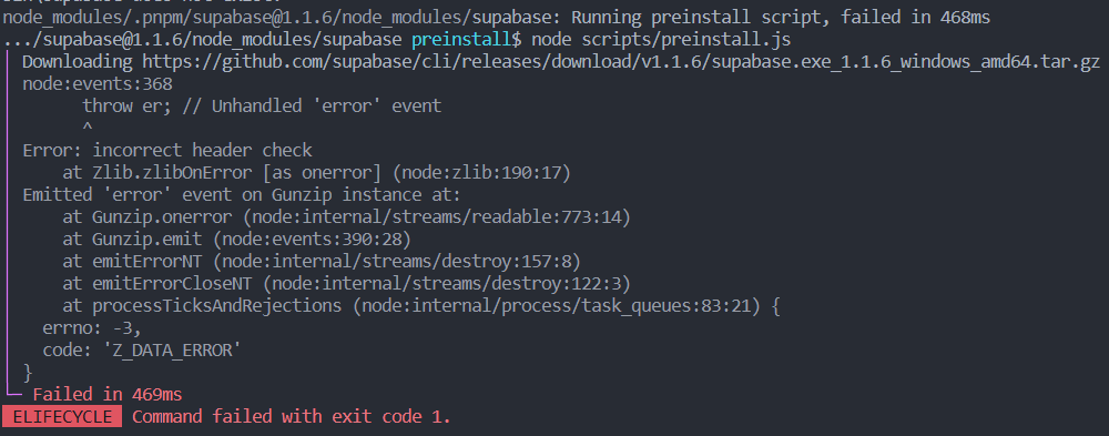 Error when installing on windows via pnpm · Issue #416 · supabase/cli ... Error when installing on windows via pnpm · Issue #416 · supabase/cli ...