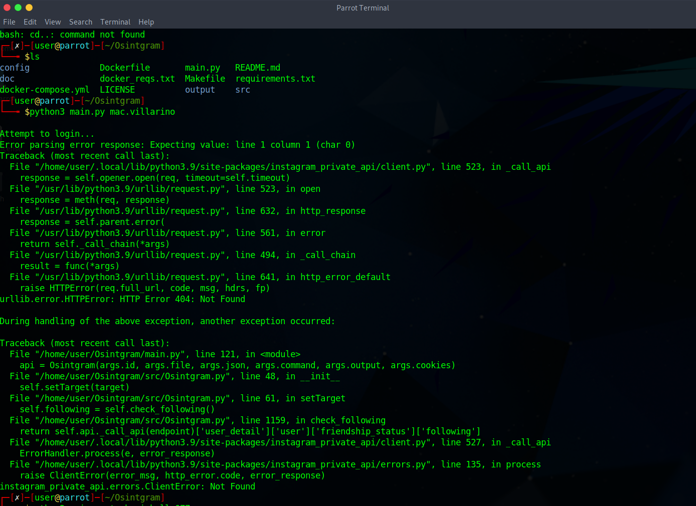 Error parsing Error Response · Issue #949 · Datalux/Osintgram · GitHub