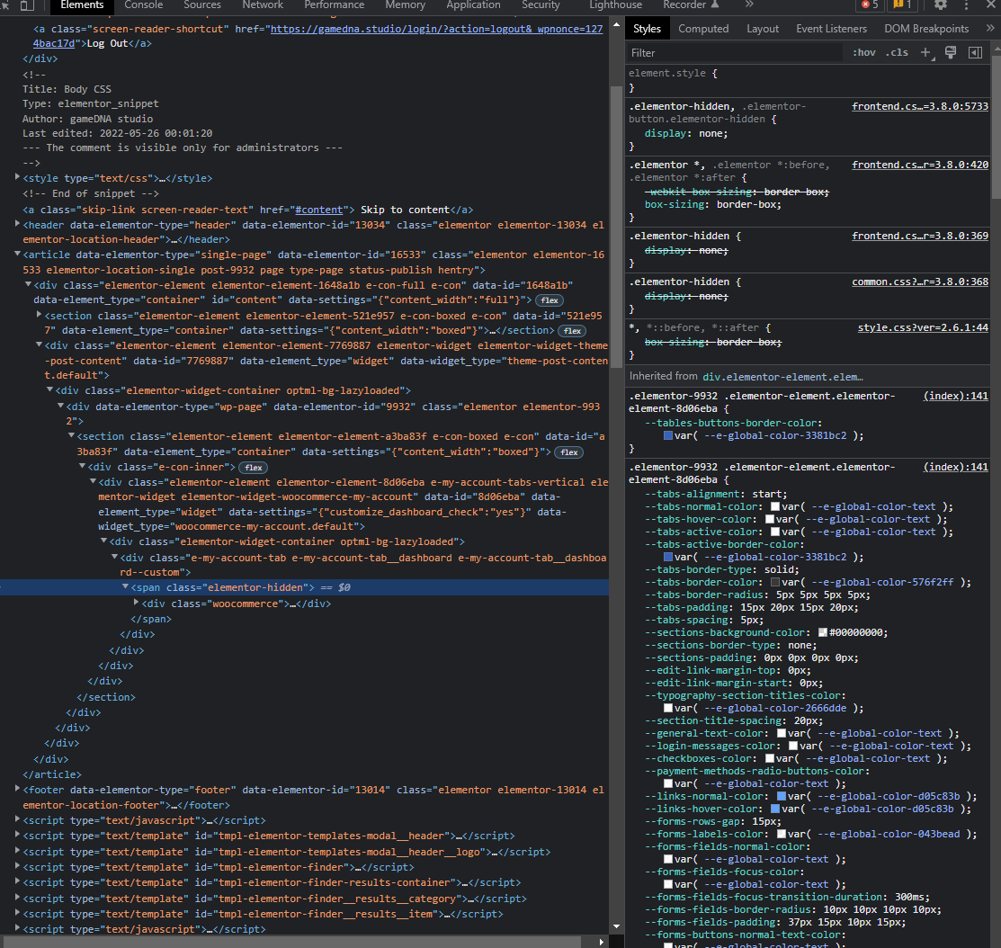 🐞 Bug report: WooCommerce Page component applies an ".elementor-hidden" class in some cases (ED ...