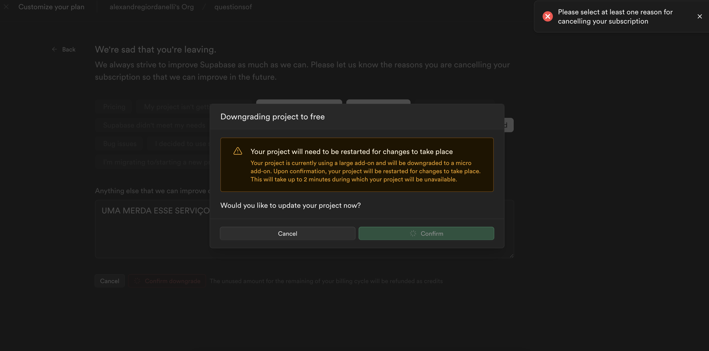 bug when trying to downgrade · Issue #11981 · supabase/supabase · GitHub