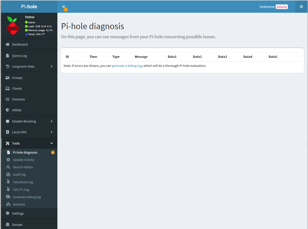 Diagnosis page - table does not load · Issue #2476 · pi-hole/web · GitHub