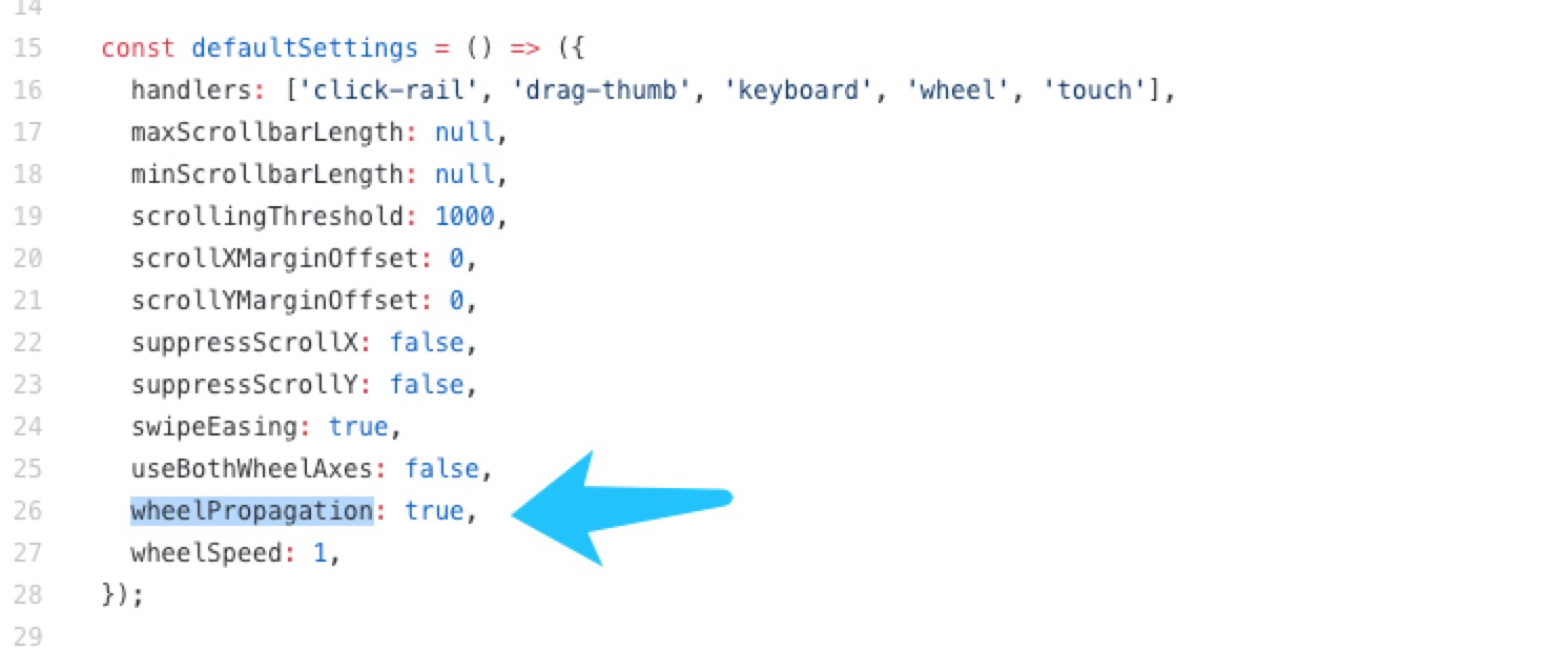 The Options .wheelPropagation default value is true, but it's false at "https://github.com ...