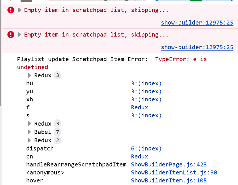 Show Builder: Dragging items outside of scratchpad area causes errors ...