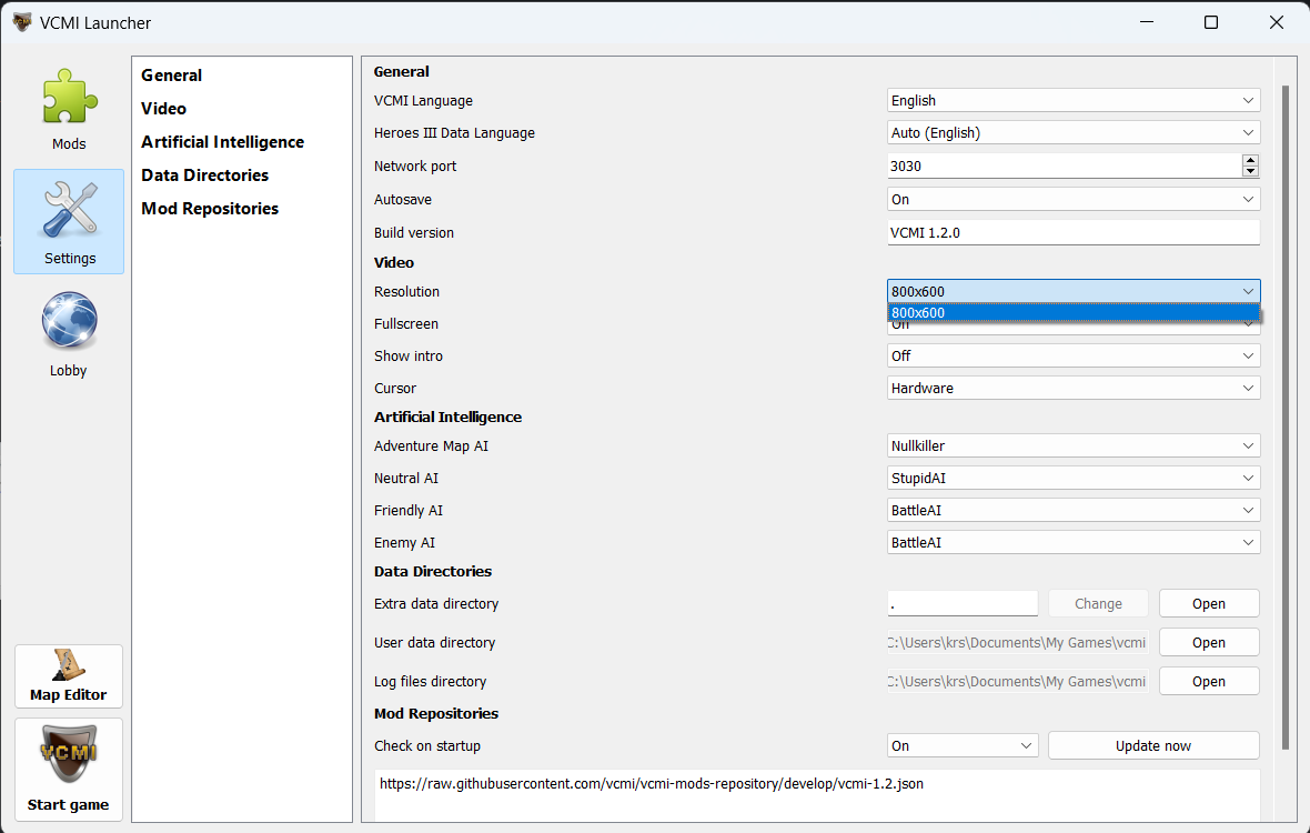 After fresh 1.2 installation, only 800x600 resolution is available · Issue #1985 · vcmi/vcmi ...