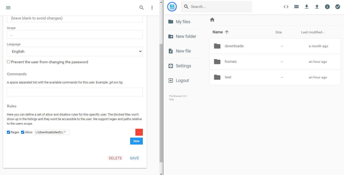Regex not working. · Issue #1034 · filebrowser/filebrowser · GitHub