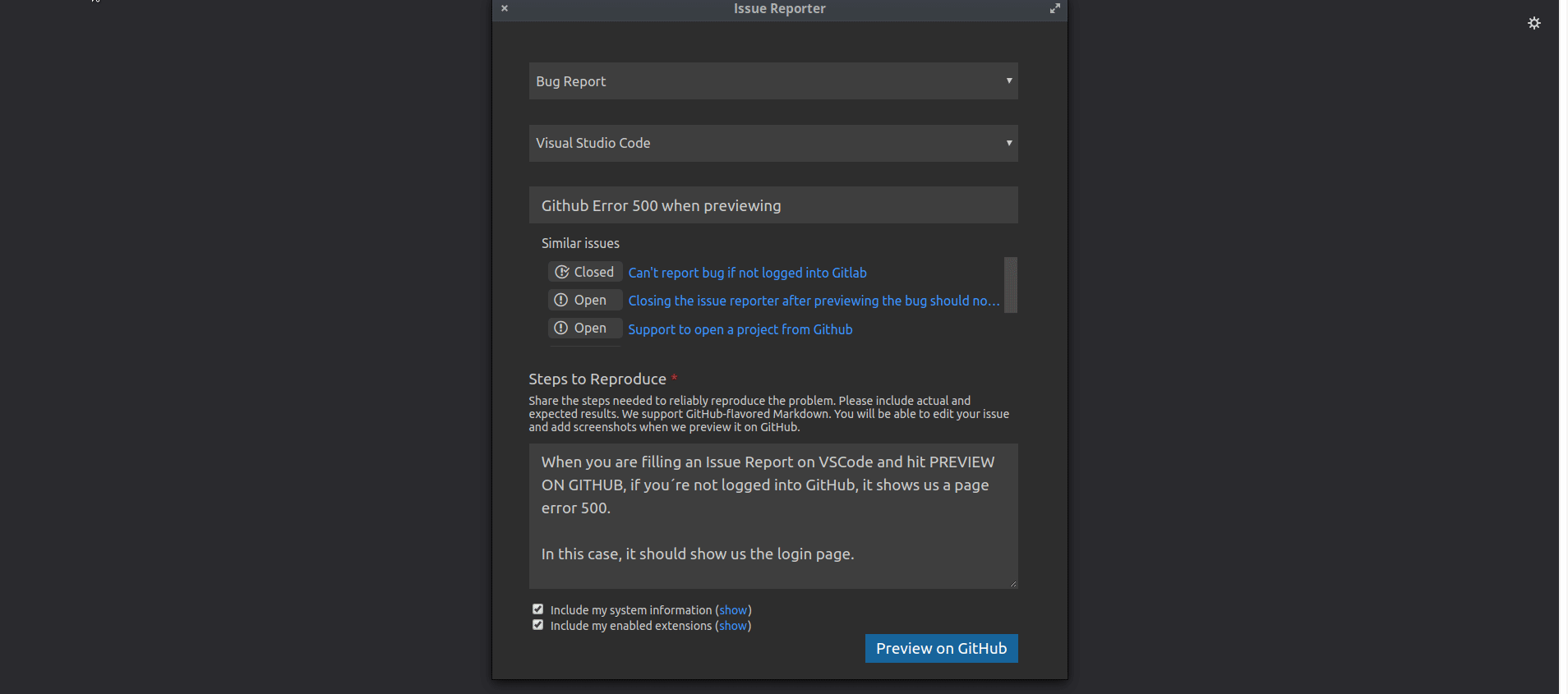 Github Error 500 when previewing · Issue #71357 · microsoft/vscode · GitHub