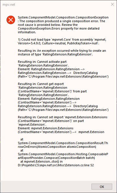 Launching mpv.net produces an error every time it is launched. Does not seem to prevent video ...