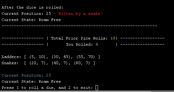 GitHub - ahillelt/SnakesAndLadders: Simple non-GUI Snakes and Ladder Game
