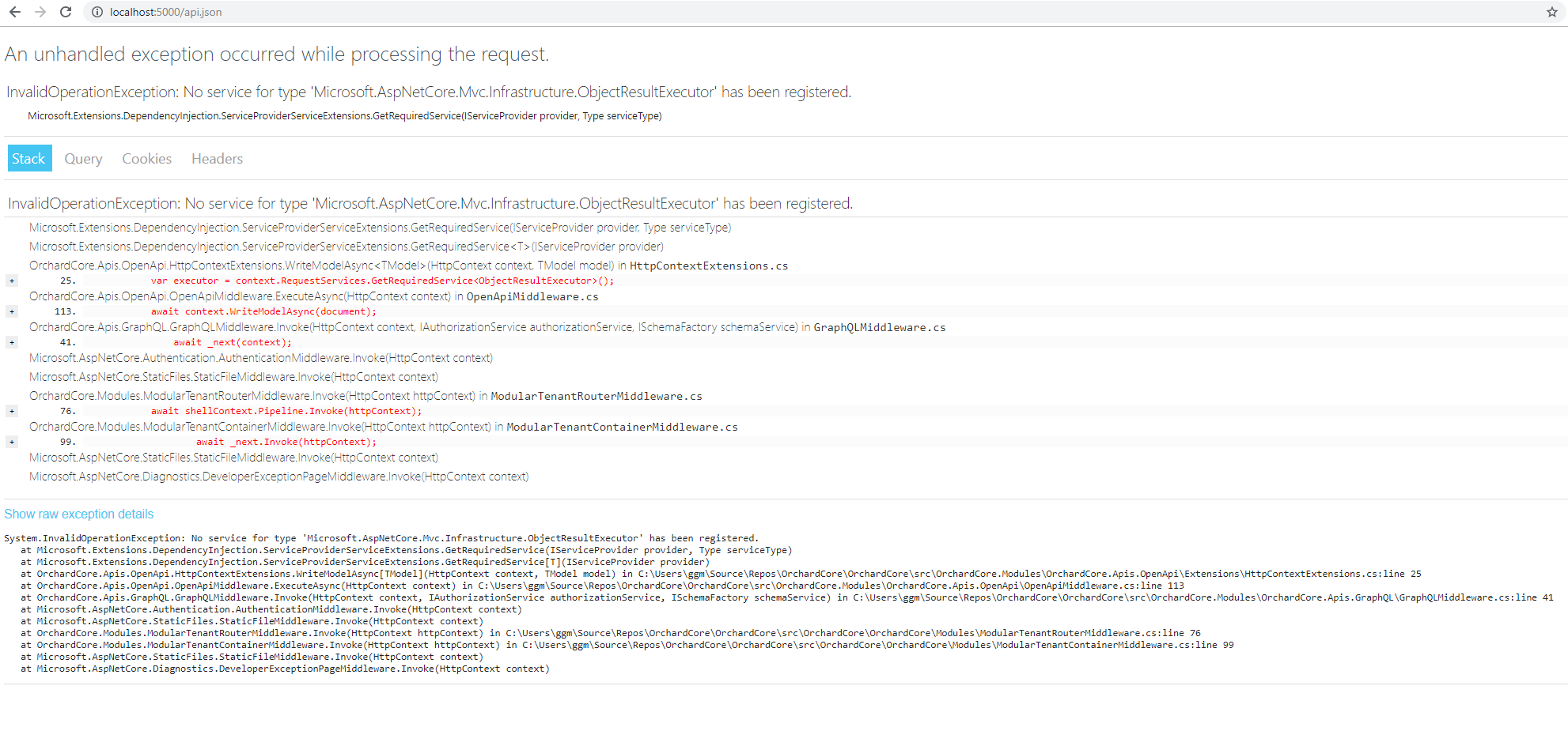 Unhandled exception when accessing OpenAPI · Issue #2555 · OrchardCMS/OrchardCore · GitHub