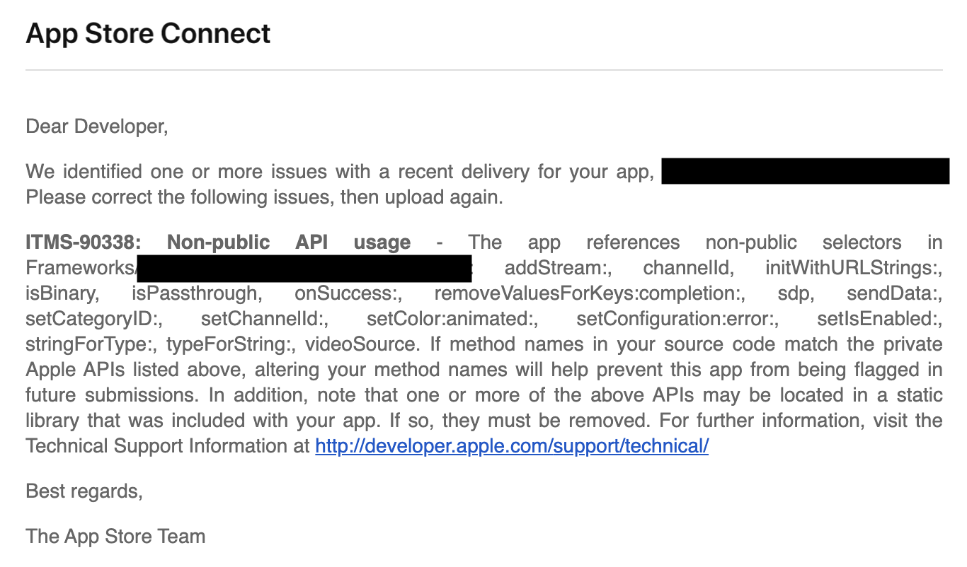 ITMS-90338: Non-public API usage · Issue #881 · react-native-webrtc/react-native-webrtc · GitHub