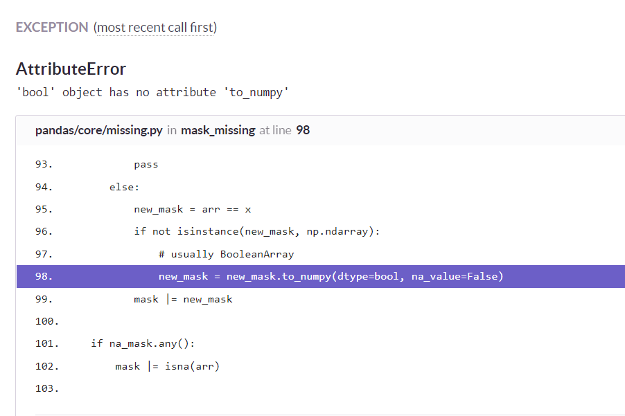 BUG AttributeError bool Object Has No Attribute to numpy In mask missing Method Of Core 