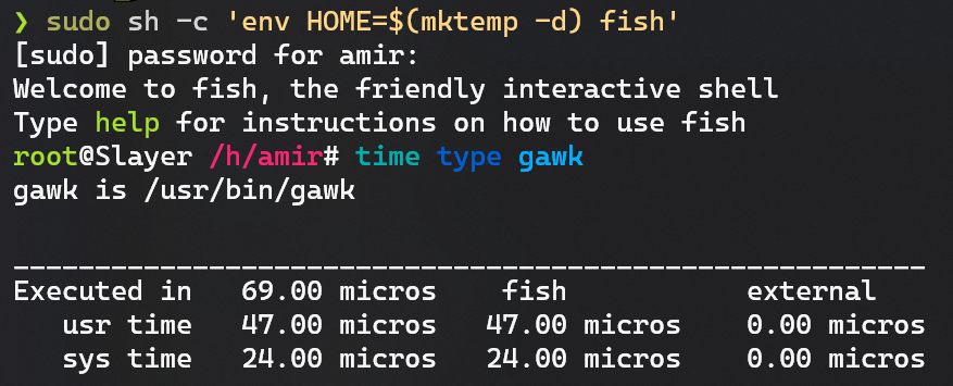 type command takes x100 than it takes using root or bash, rendering tools unusable due to lag ...
