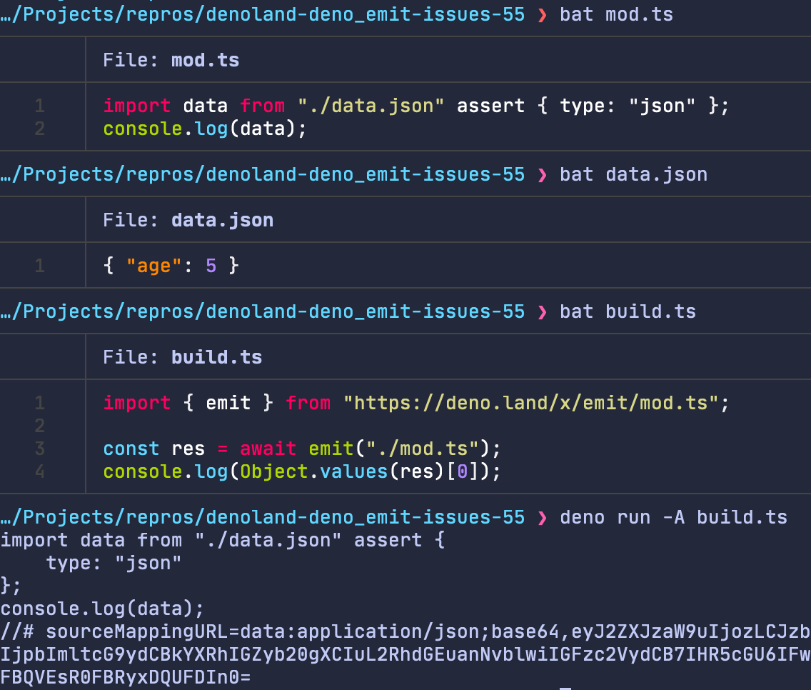 `Deno.emit` with `bundle` emit type not working with JSON imports · Issue #55 · denoland/deno ...