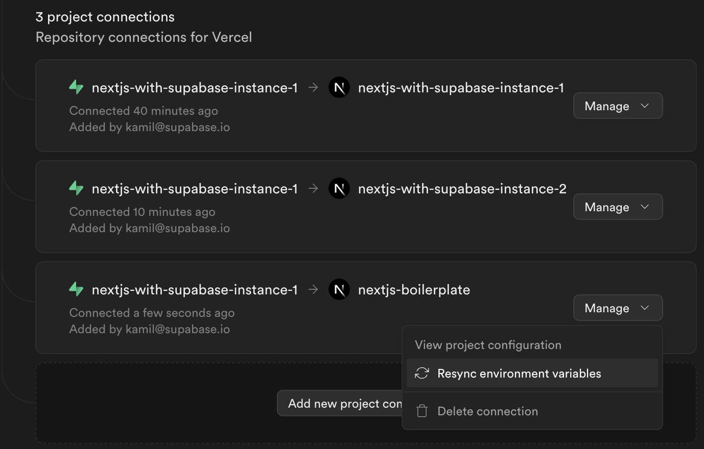 [bug] Vercel Supabase Integration doesn't insert env vars on additional Vercel Projects ...