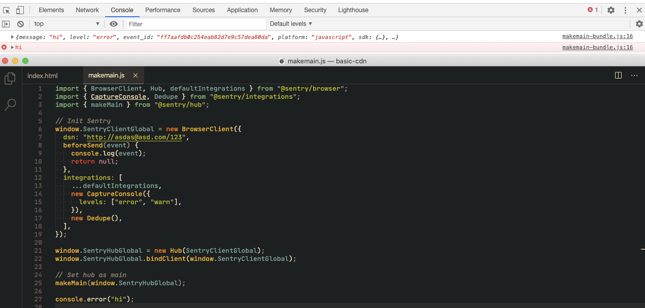Console errors are not captured with custom client and hub · Issue #2606 · getsentry/sentry ...