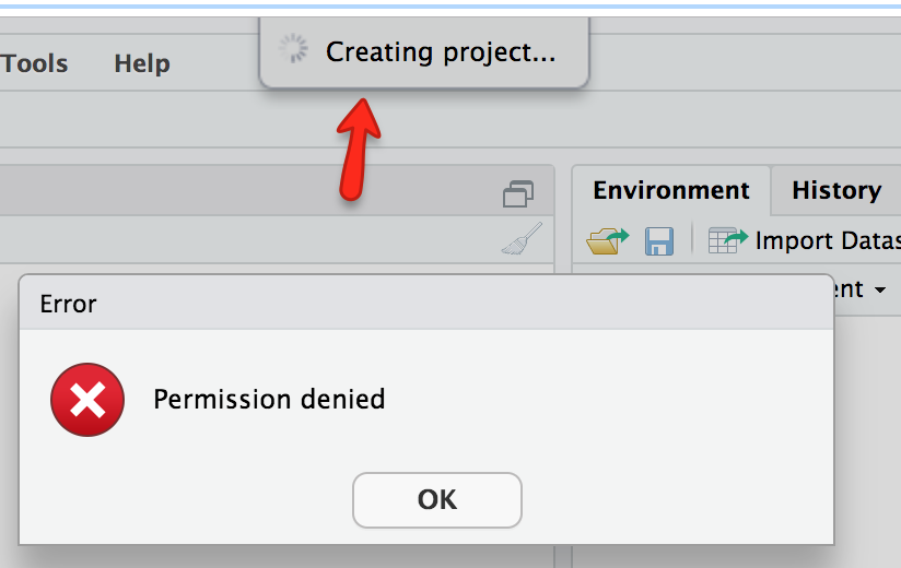 Stuck "Creating Project..." message when trying to create a new project in a directory without ...