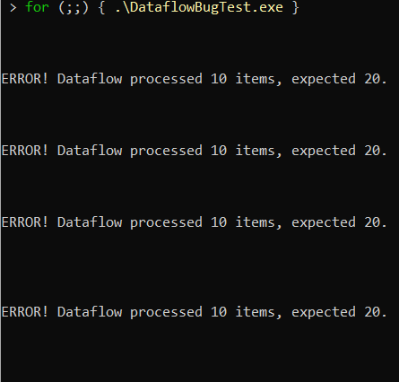 [System.Threading.Tasks.Dataflow] Dataflow unreliably completes before ...