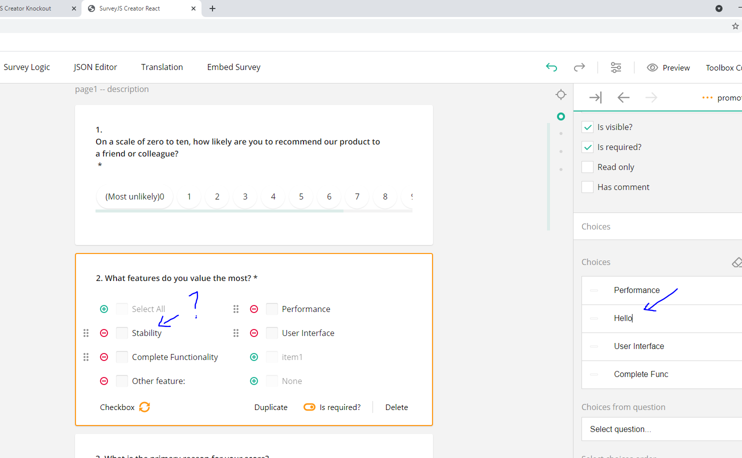 Different Behavior Of Choice Name Editor In Property Grid In Creator Knockout And Creator React 