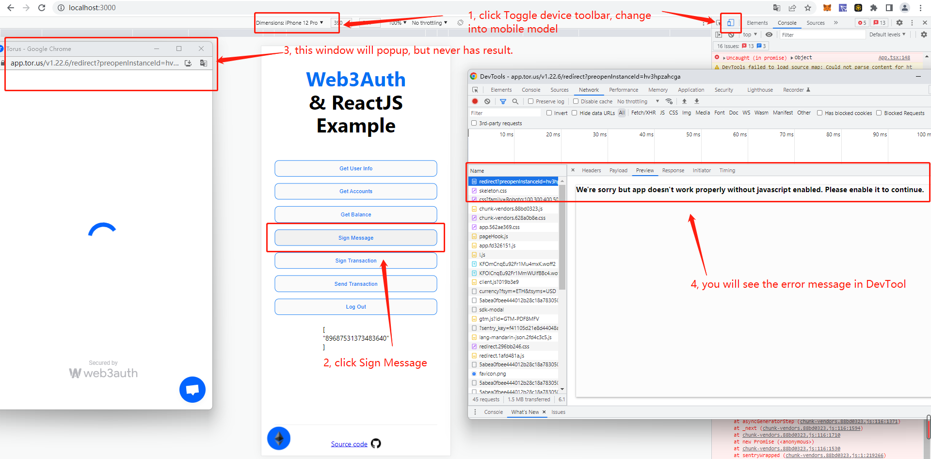 Torus Wallet with error "We're sorry but app doesn't work properly without javascript enabled ...