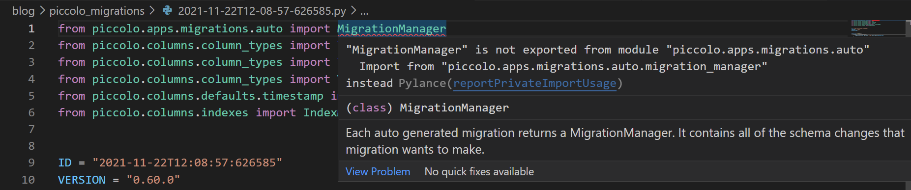 Pylance Complains About Import In Auto Generated Migrations · Issue 356 · Piccolo Orm Piccolo