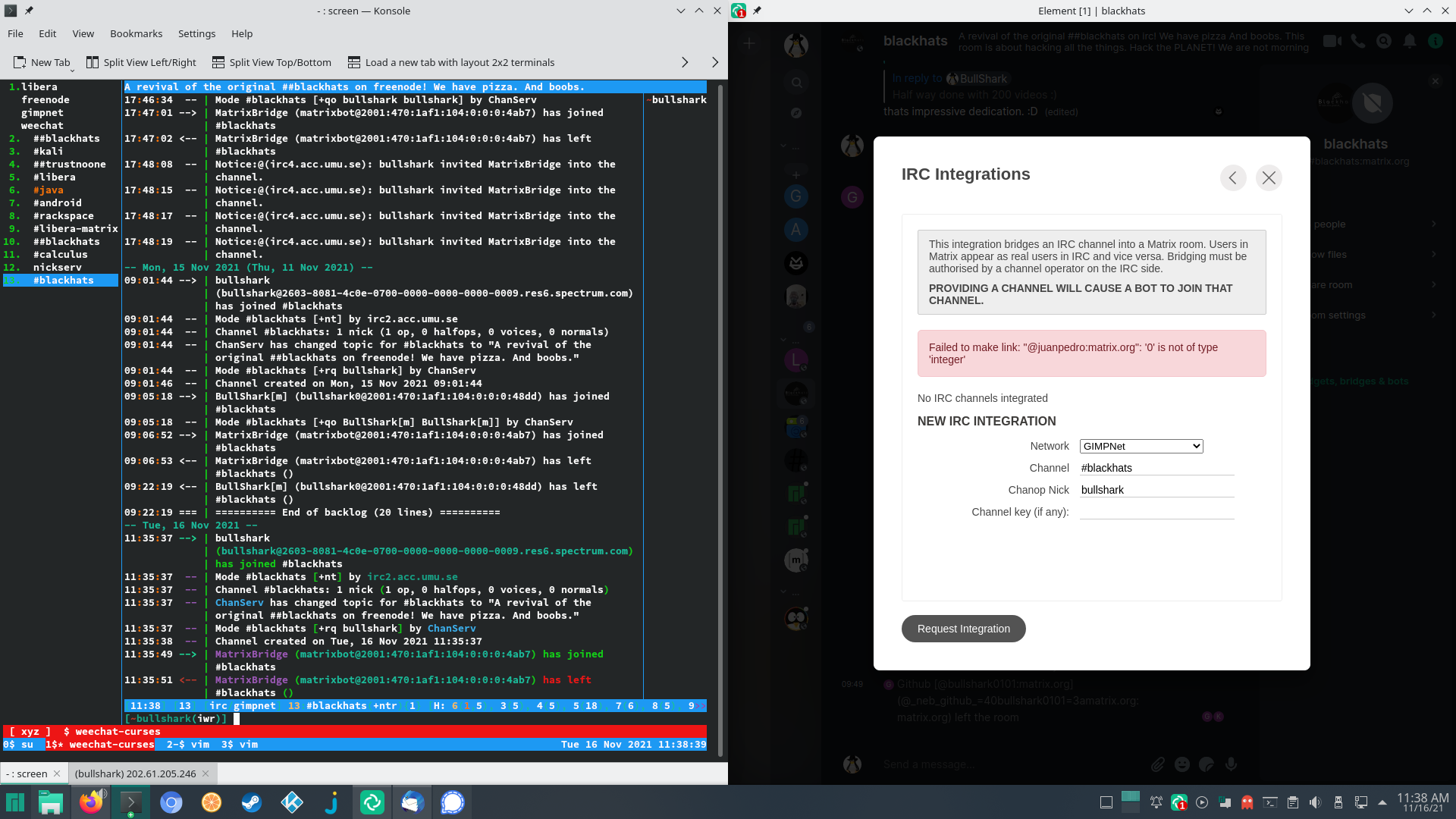 Setting up IRC Matrix Bridge Fails: "Failed to make link: Cannot read property 'users' of ...