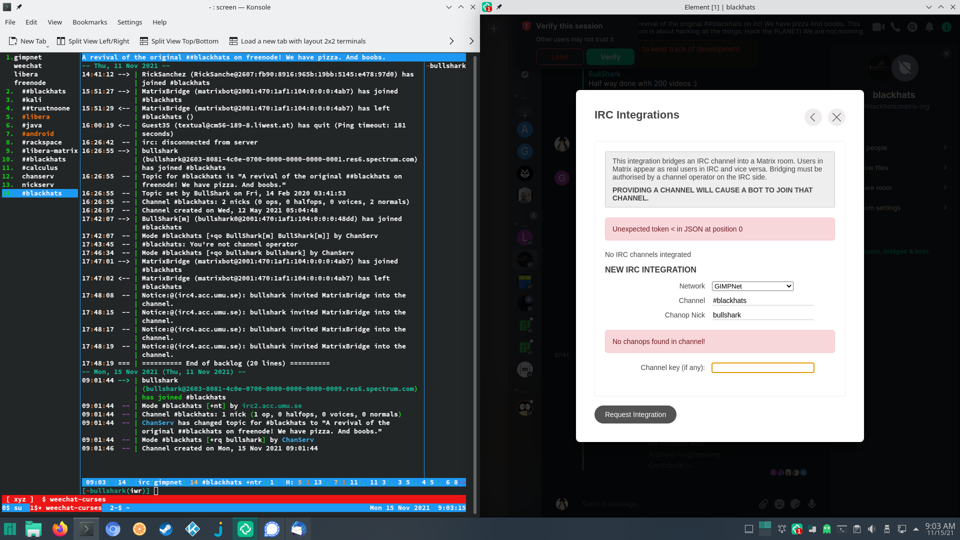 Setting up IRC Matrix Bridge Fails: "Failed to make link: Cannot read property 'users' of ...