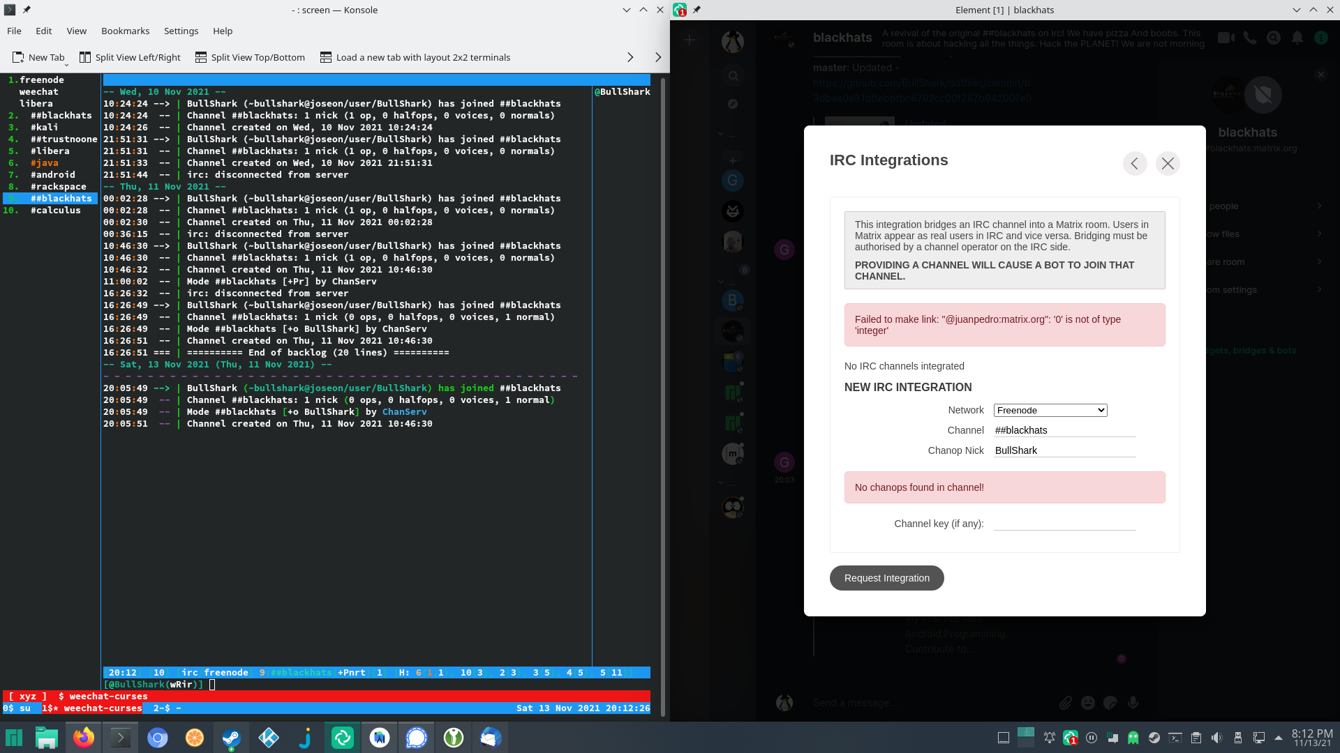 Setting up IRC Matrix Bridge Fails: "Failed to make link: Cannot read property 'users' of ...