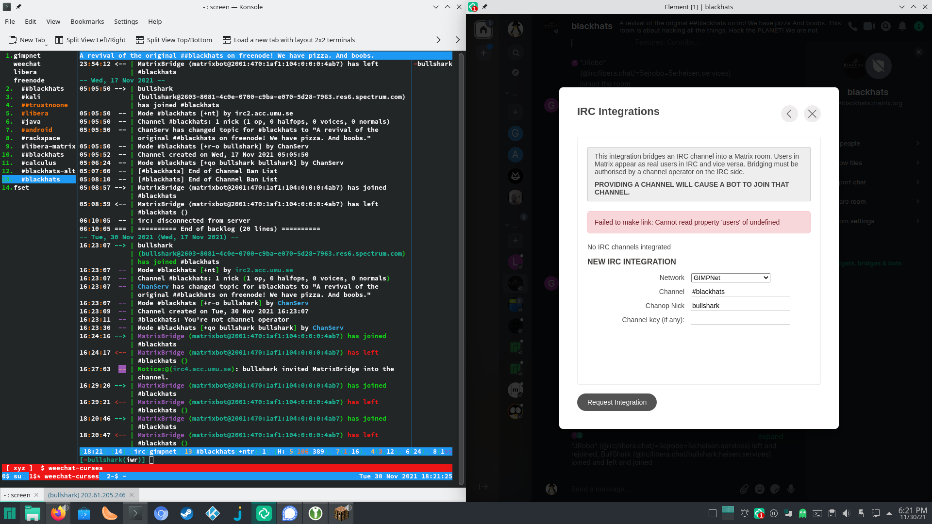 Setting up IRC Matrix Bridge Fails: "Failed to make link: Cannot read property 'users' of ...