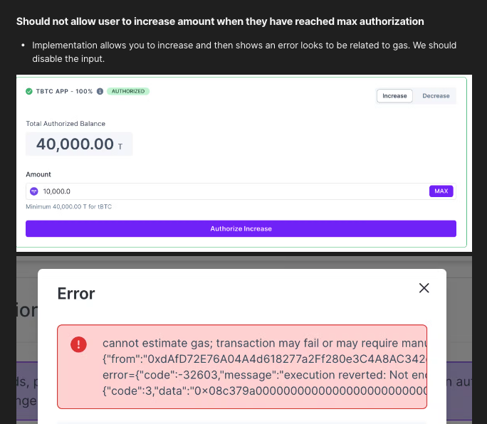 Auth Increase validation: should not allow user to increase amount when they have reached max ...