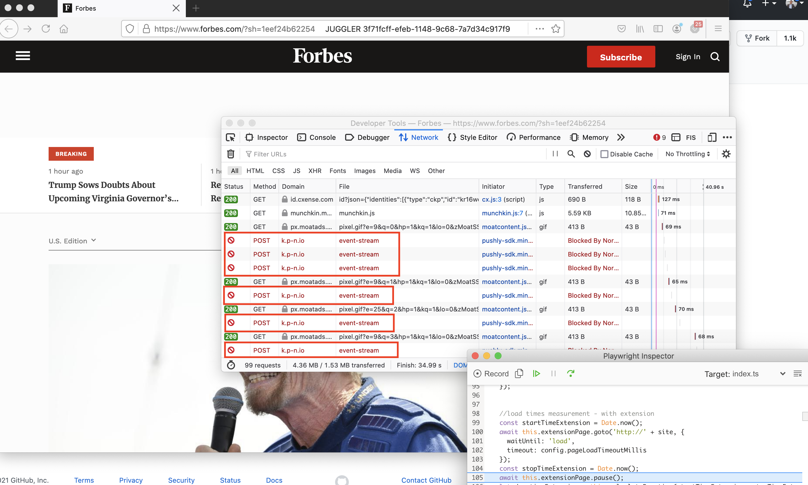 Firefox not firing "requestfailed" event even when request fails in Dev Tools Network tab ...