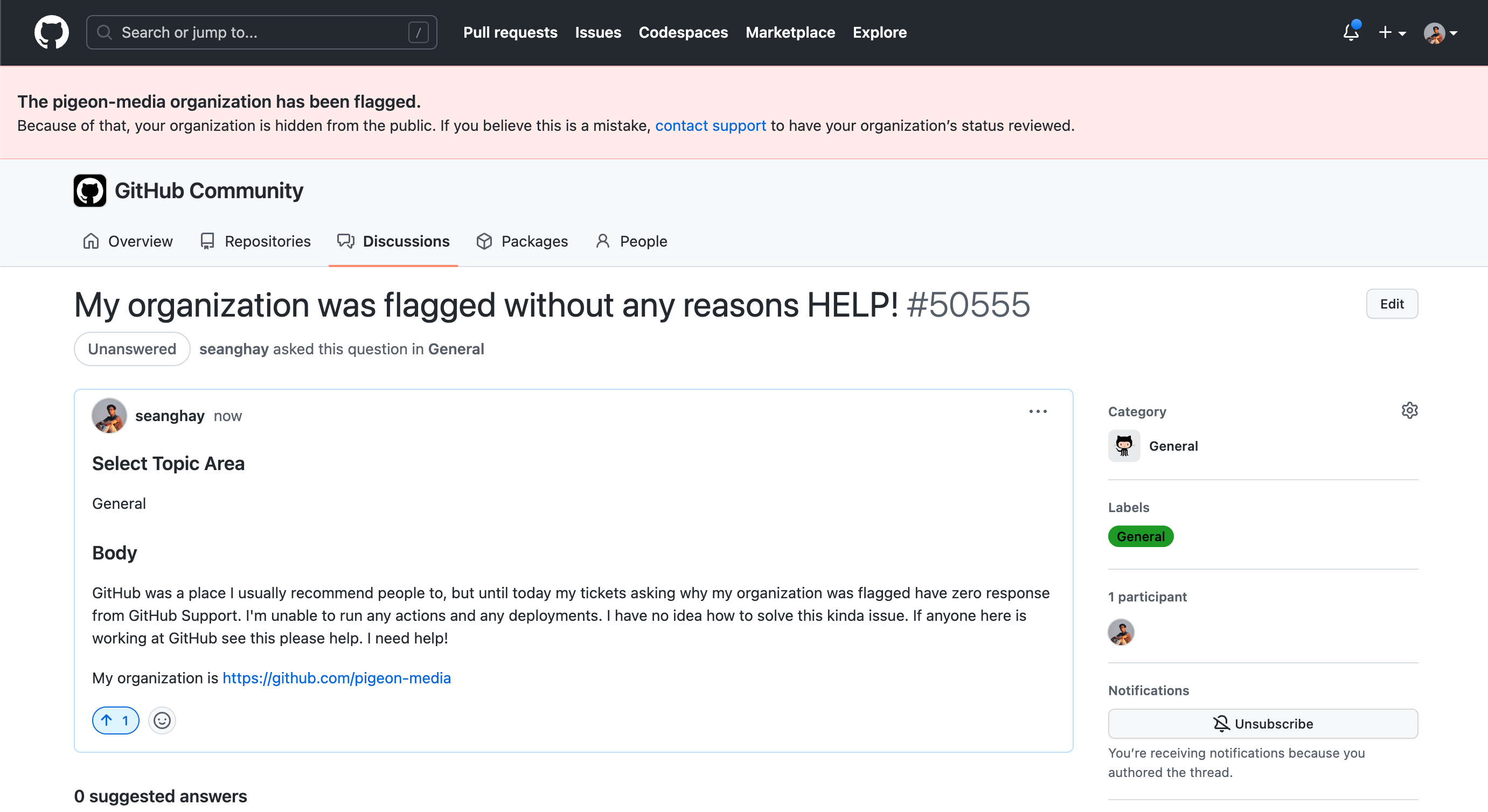 My organization was flagged without any reasons HELP! · community · Discussion #50555 · GitHub