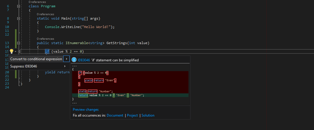 Code fix for 'if' statement can be simplied produces incorrect code with yield return · Issue ...