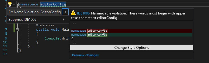 Editorconfig Code Fix For Naming Violation In Subnamespace Is Missing
