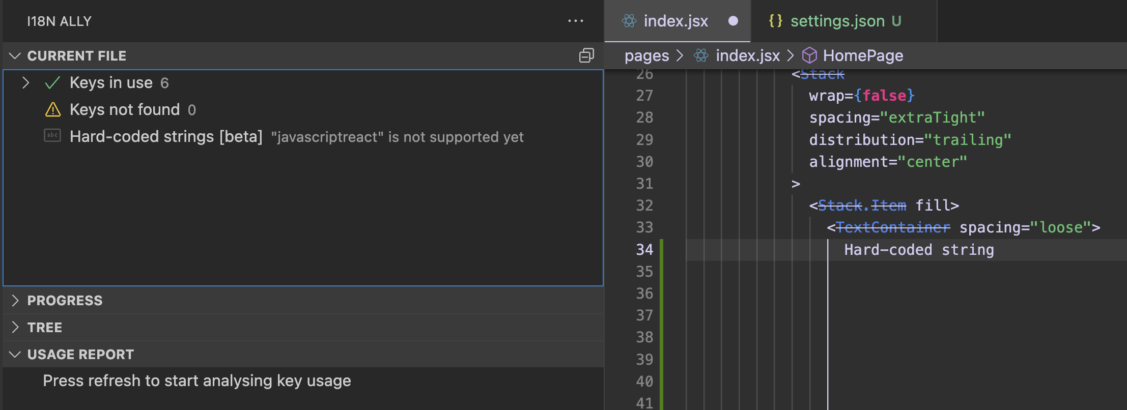 Hard-coded strings feature doesn't work if `i18n-ally.enabledFrameworks` is explicitly set to a ...